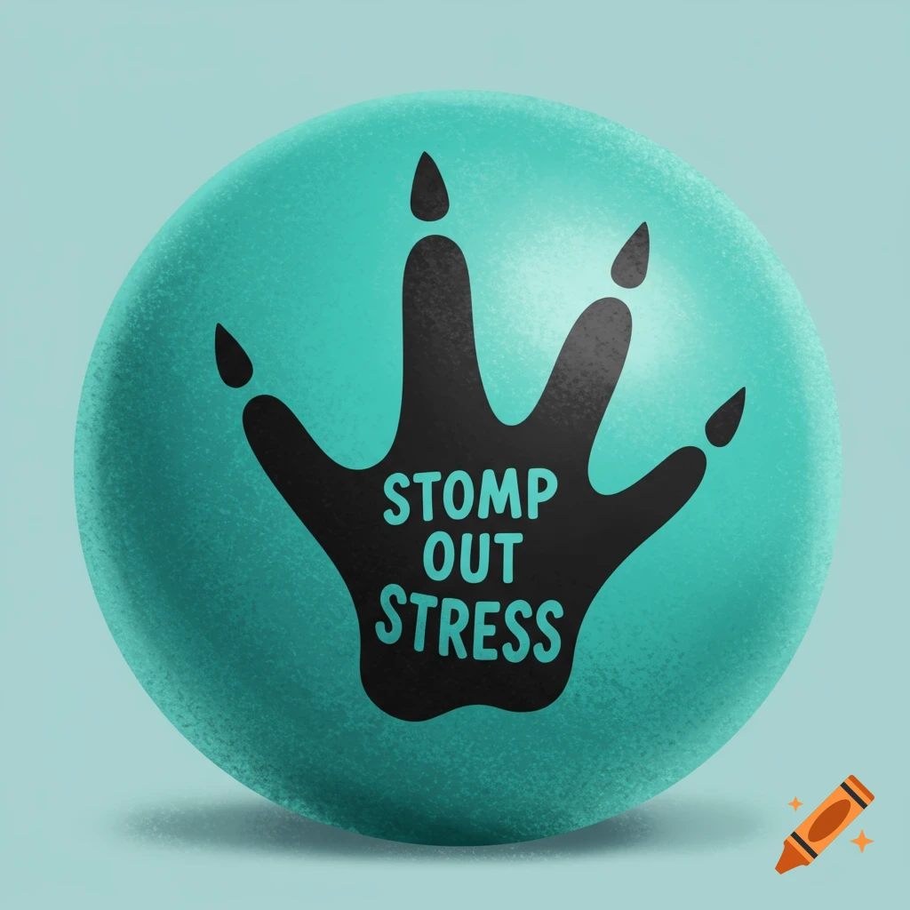 Teal stress ball with triceratops footprint and the words 'Stomp out ...