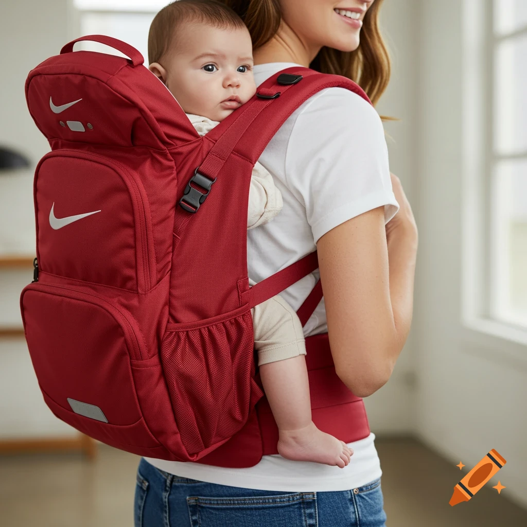 Mother carrying baby in a red carrier backpack on Craiyon