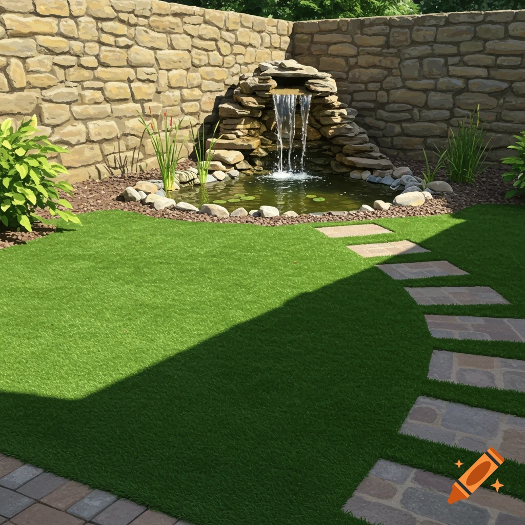 Patio with astroturf, pavers, and a small pond with waterfall on Craiyon