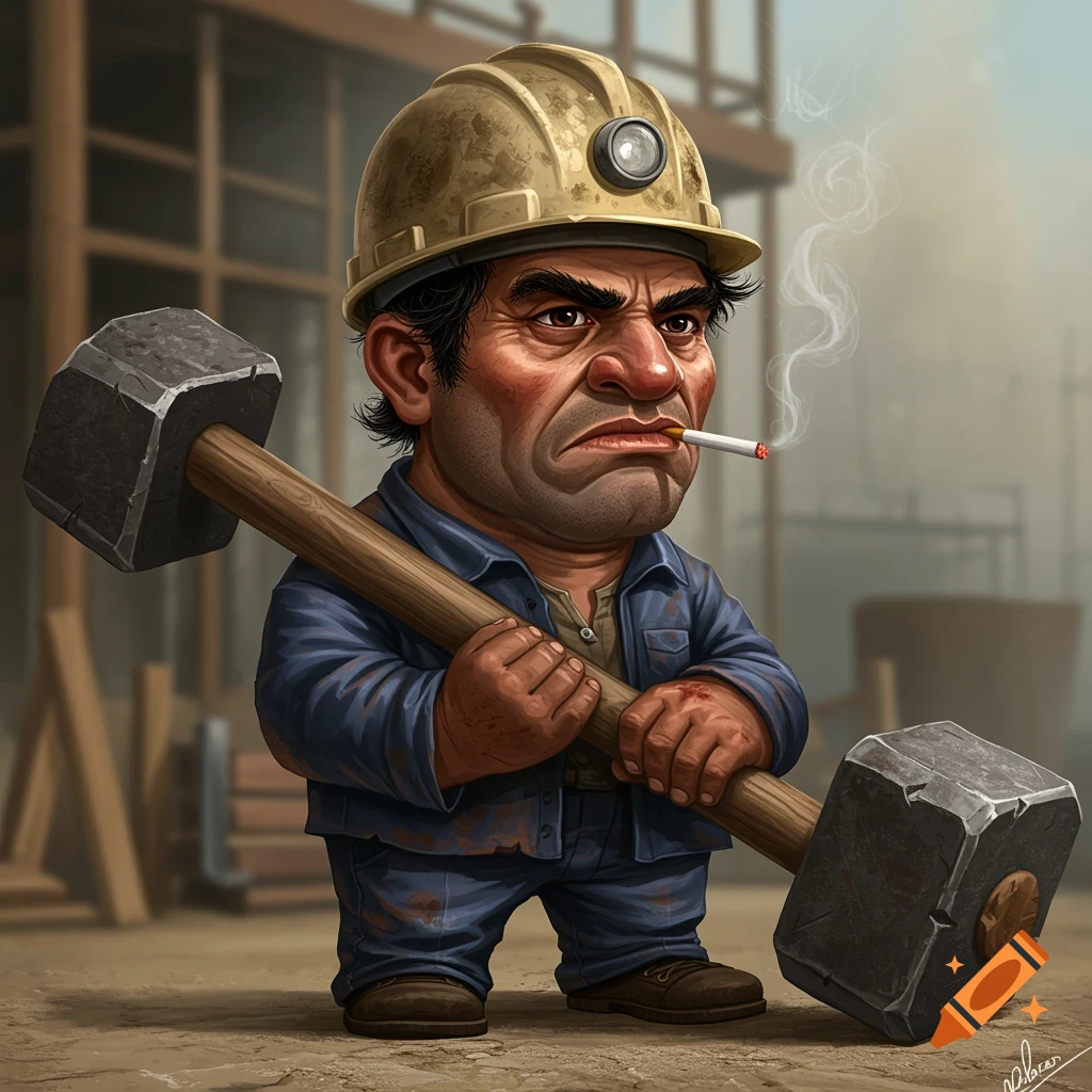 Cartoon of a construction worker with a hard hat, holding a large ...