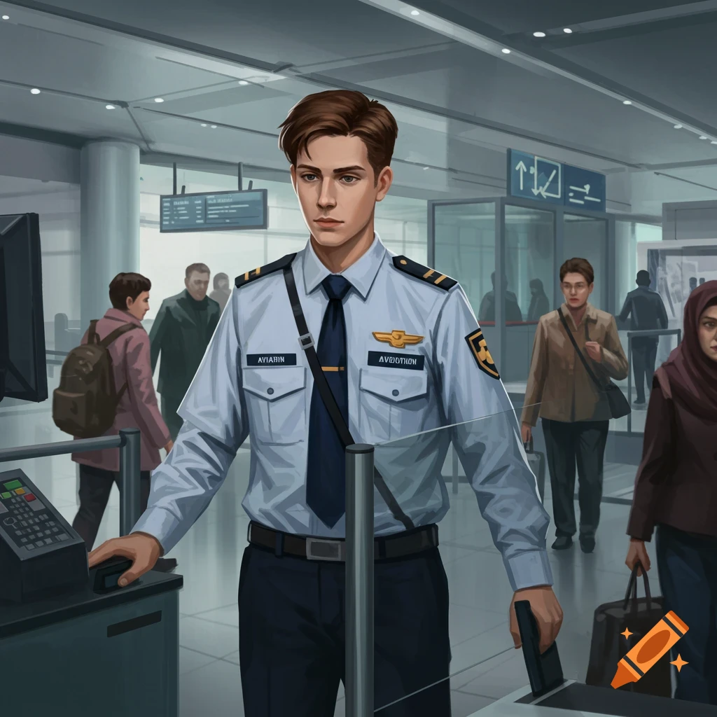 Illustration of a security guard at an airport checkpoint, holding a ...