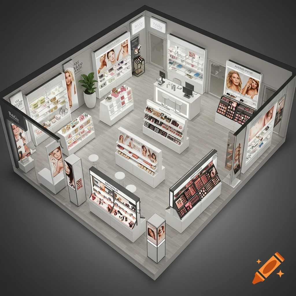 Birds eye view floor plan of a beauty store with cosmetics, hair care ...