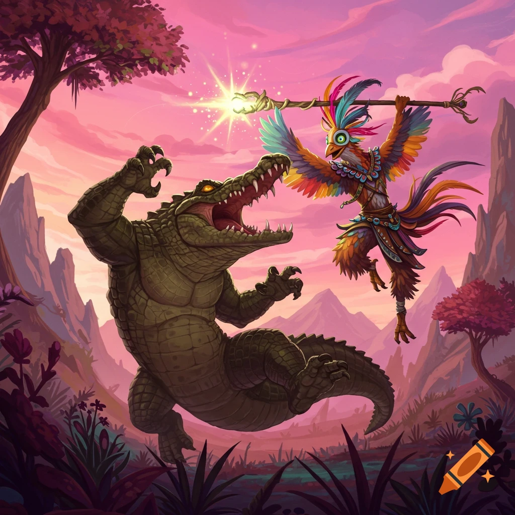 Cartoon illustration of a large alligator fighting a colorful bird-like ...