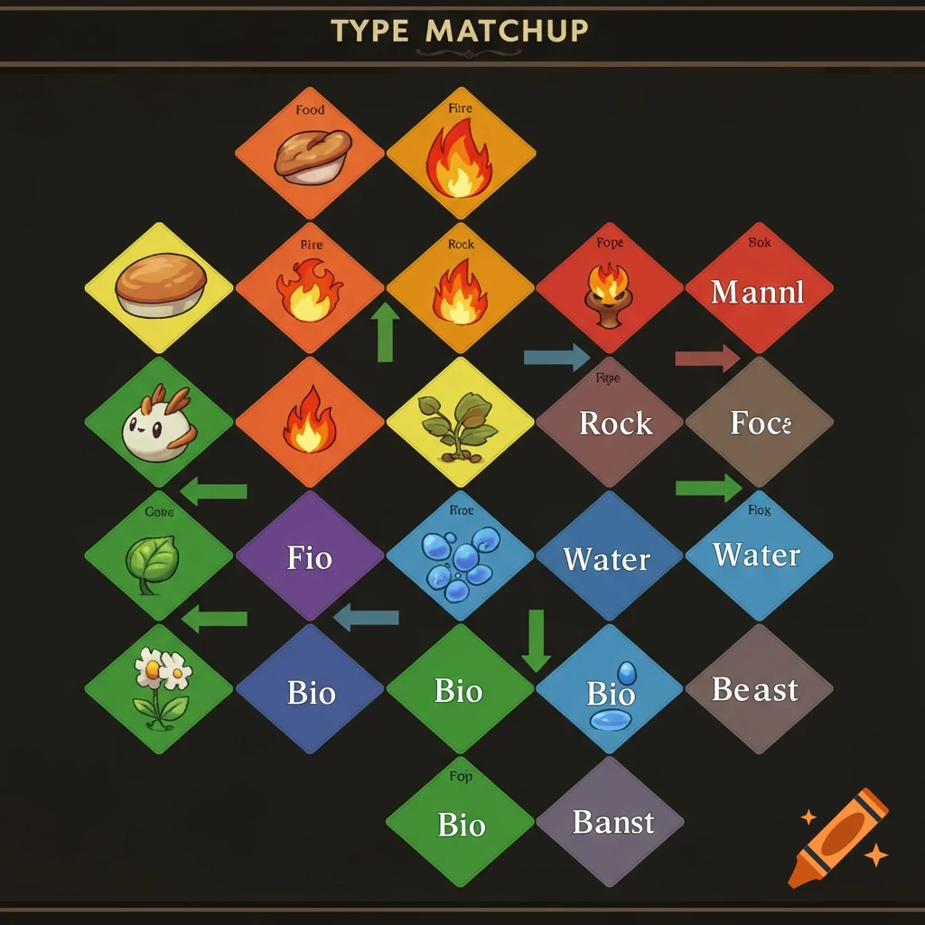 Type matchup diagram using food, fire, rock, magical, water, plant, bio ...