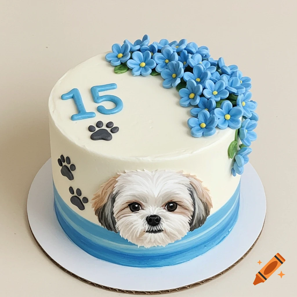 Circle cake with blue flowers, blue stripe, number 15, paw prints, and ...