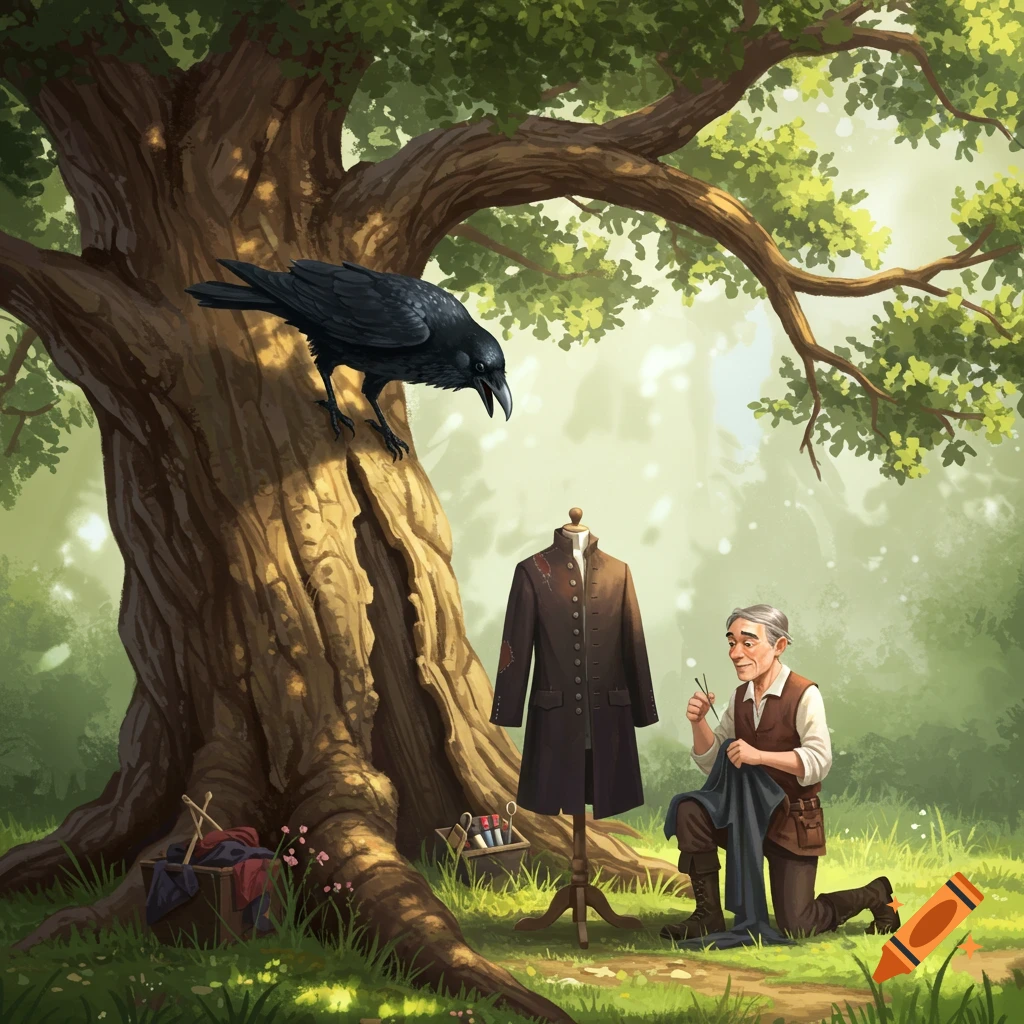 Carrion crow in oak tree watching a tailor mending a coat on Craiyon