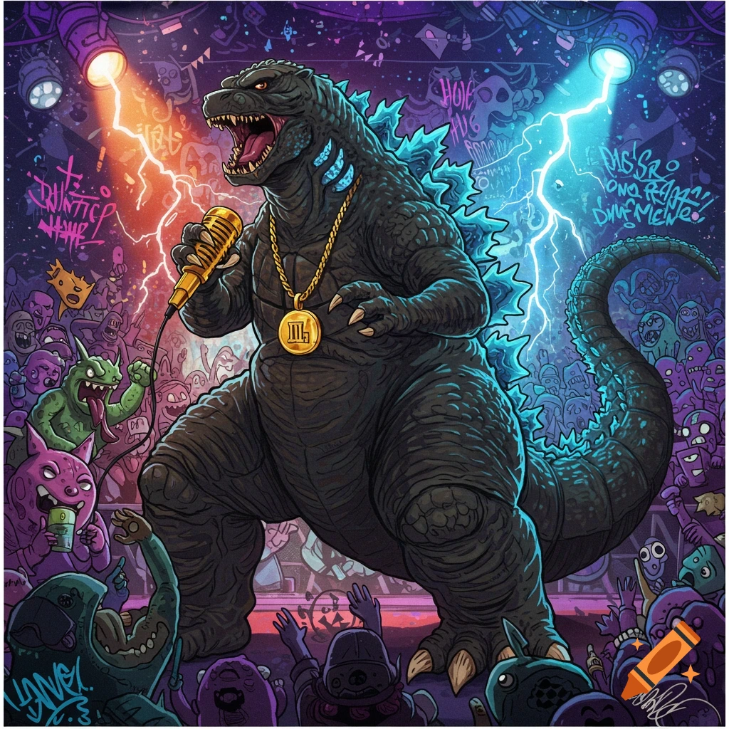 Illustration of Godzilla wearing a gold chain and rapping into a ...