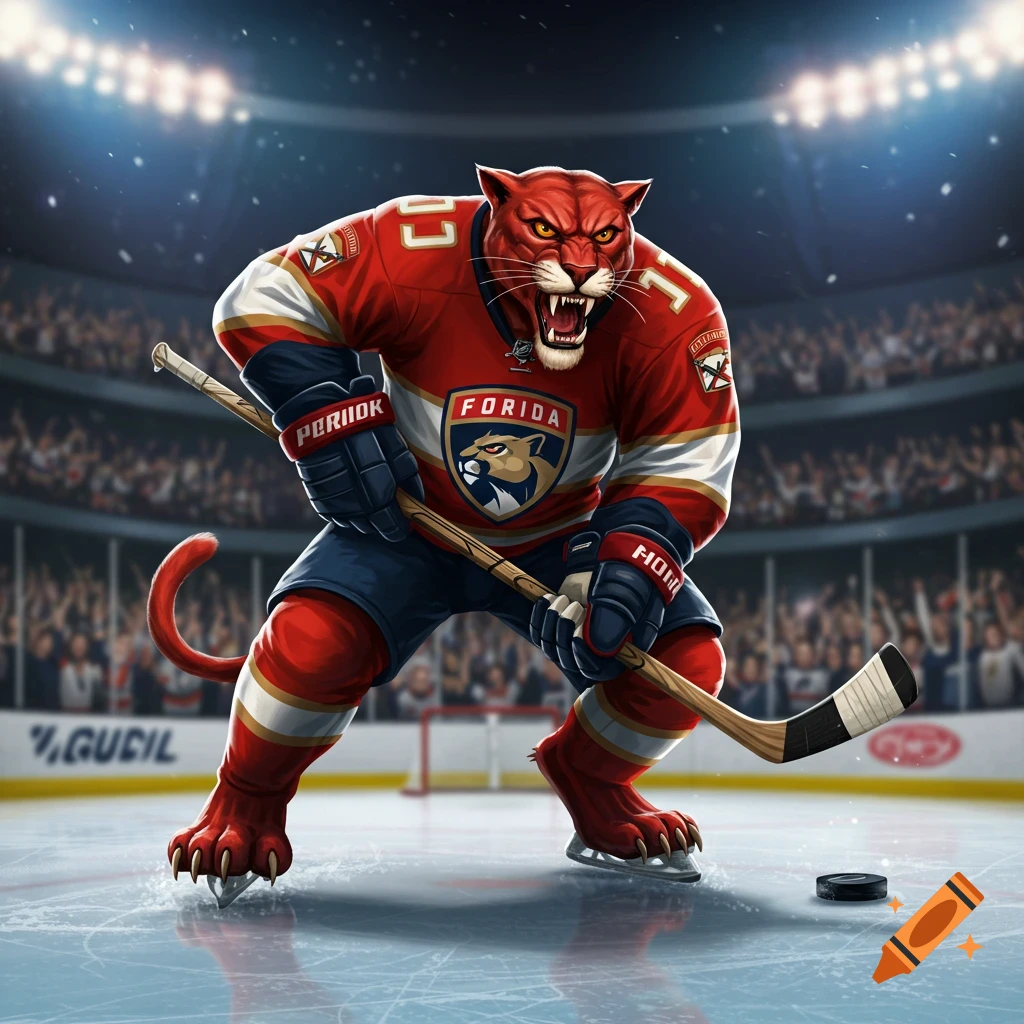 Red panther wearing Florida Panthers jersey on ice on Craiyon