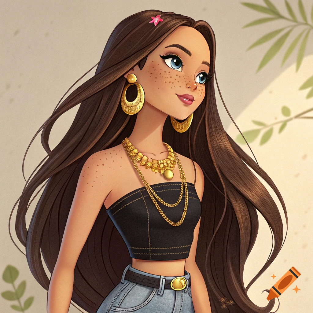 Barbie doll with dark brown hair, black tube top, and jeans on Craiyon