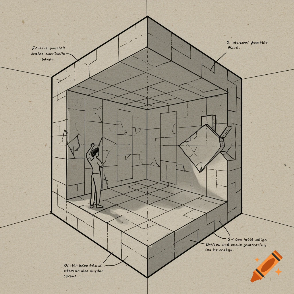 Geometric drawing of cube interior with distorted lines on Craiyon