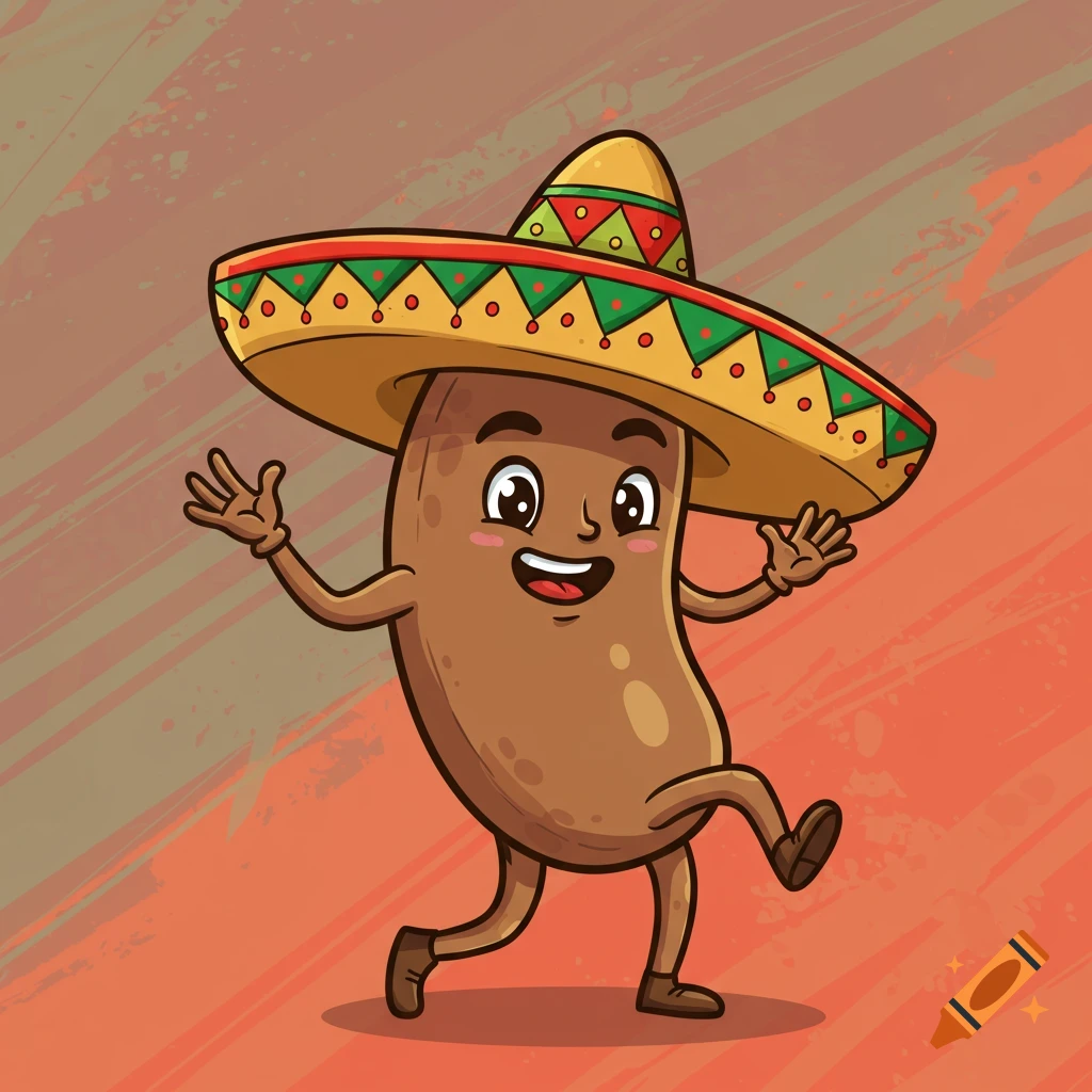 Cartoon bean character wearing a sombrero on Craiyon