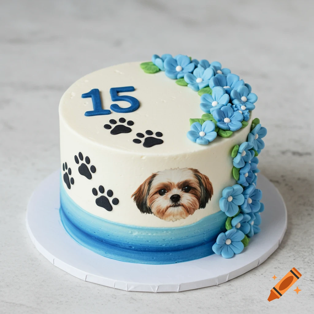 Birthday cake decorated with "15", paw prints, a Shih Tzu face, blue ...