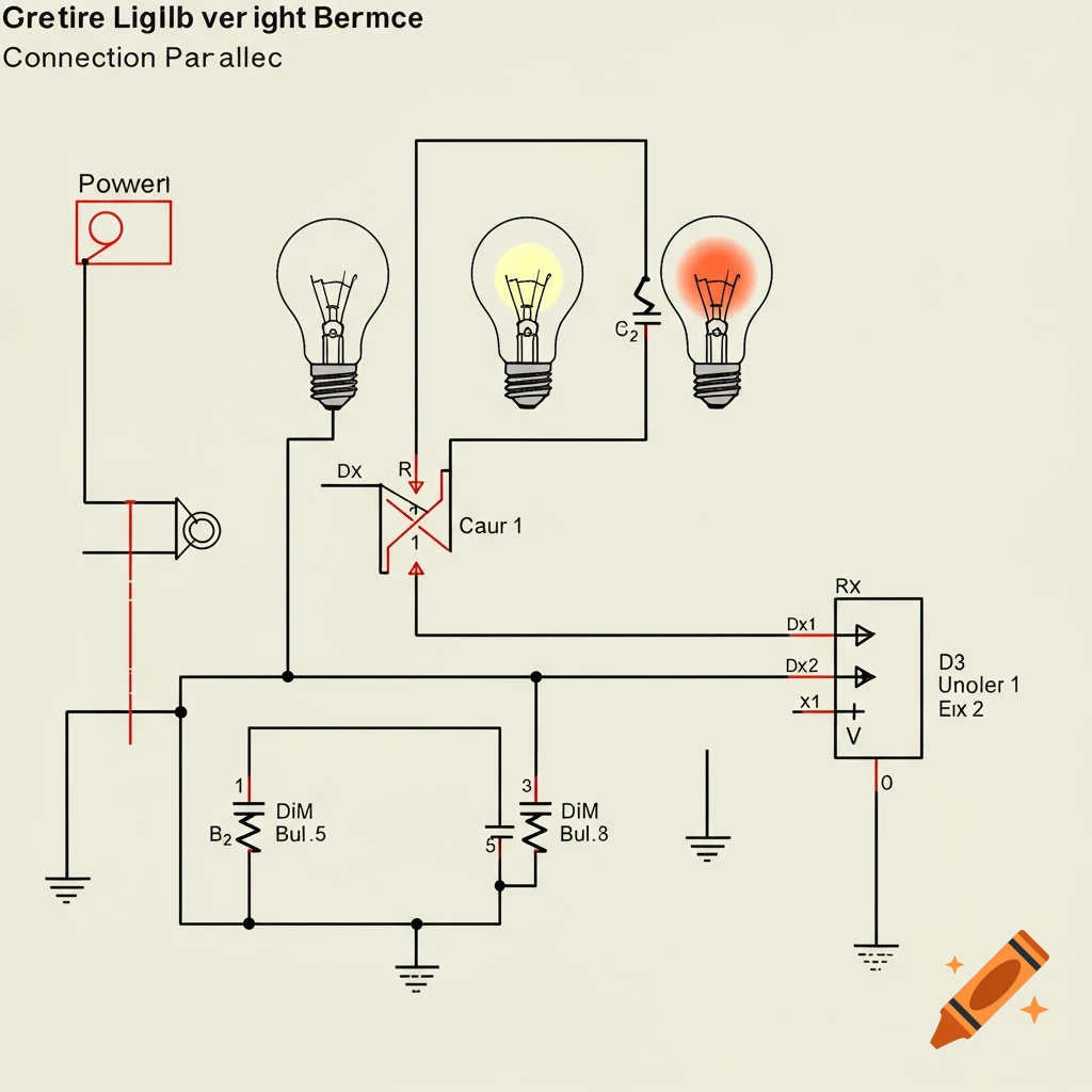 Circuit diagram with two bright and two dim light bulbs on Craiyon