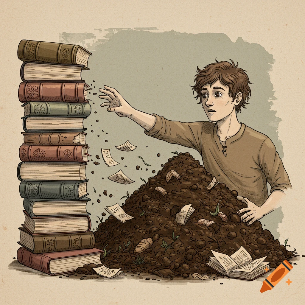Drawing of a person touching books turning into dirt. Illustration art ...