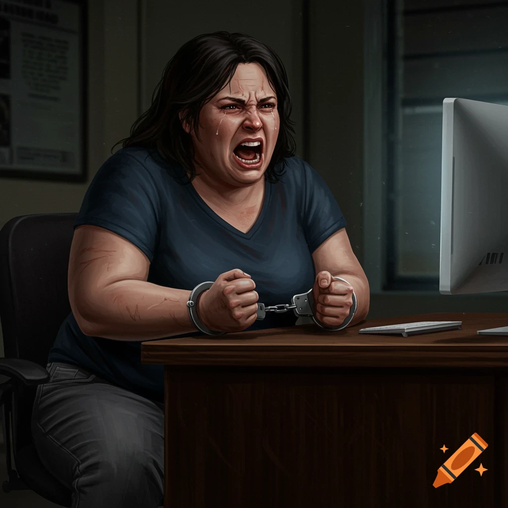 Woman handcuffed to desk, angry and crying on Craiyon