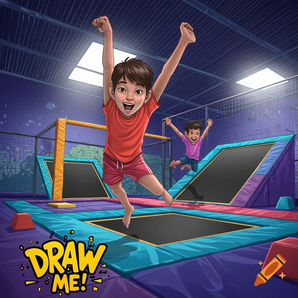 Two children jump on trampolines in an indoor park, cartoon ...