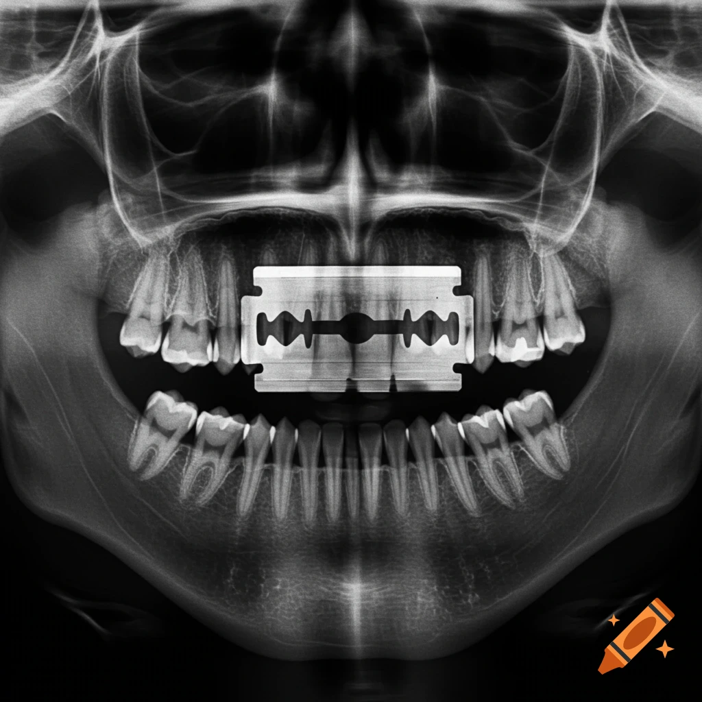 A black and white x-ray of a razor blade in a mouth on Craiyon