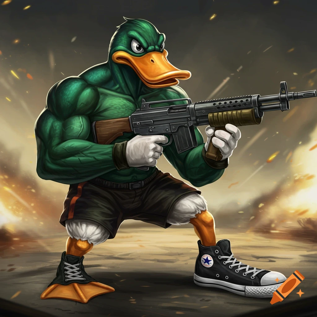 Muscular duck with machine gun and Chuck Taylor shoes on Craiyon
