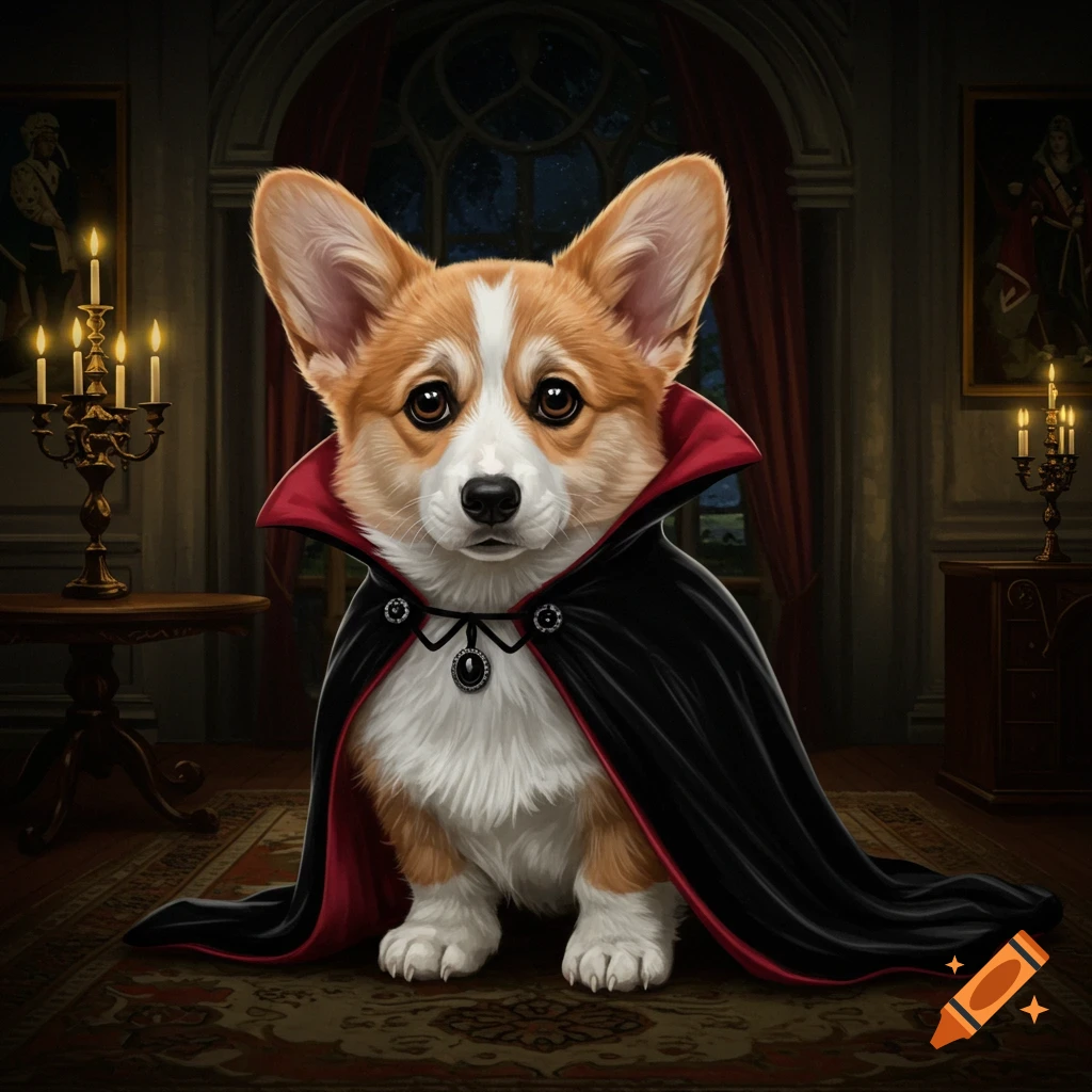 Corgi dressed as a gothic vampire in a dimly lit manor on Craiyon