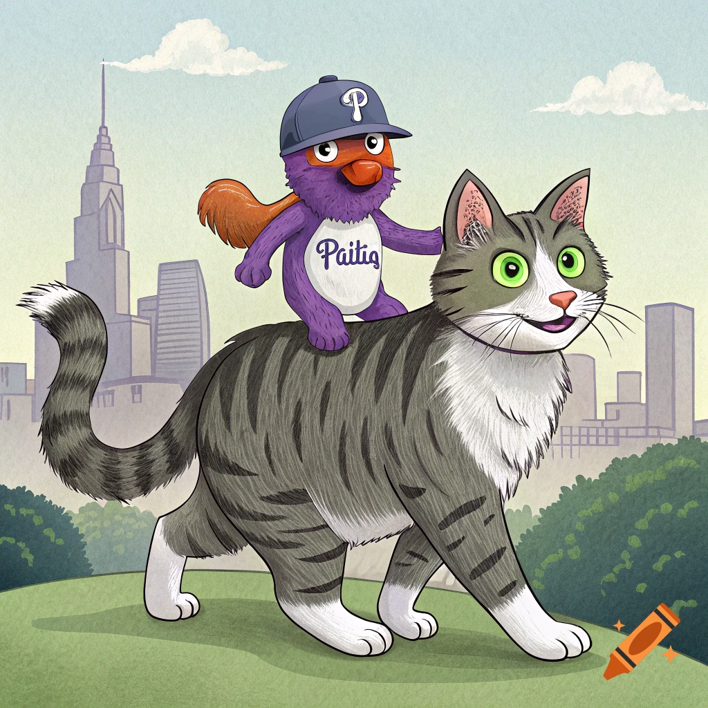 Cartoon gray striped cat with Philly Phanatic and Philadelphia skyline ...