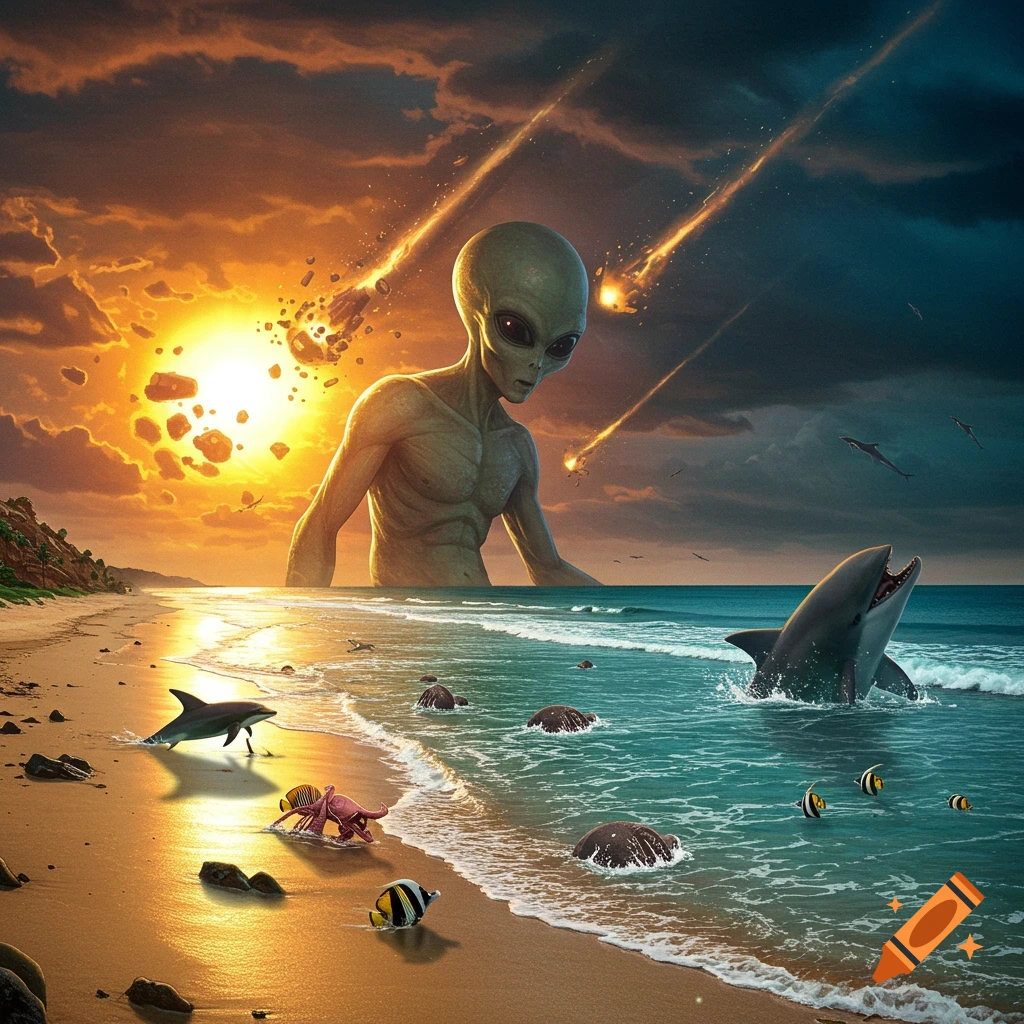 Beach with a gigantic alien in the sand, collapsing sun, and ocean ...