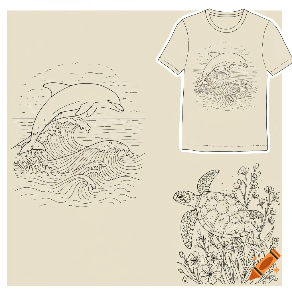 Minimal line-art drawing of beach scene with dolphin, sea turtle, and ...
