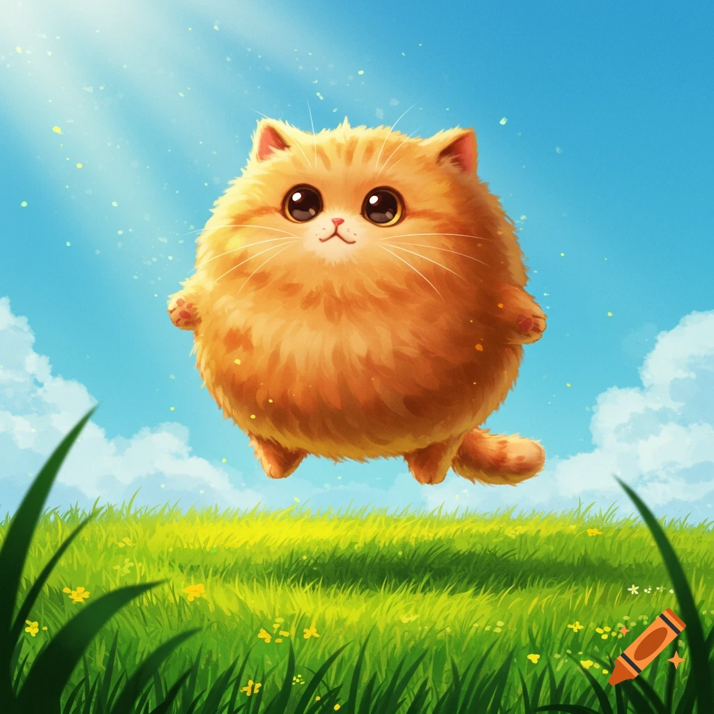 Orange spherical cat levitating above a grassy field on Craiyon