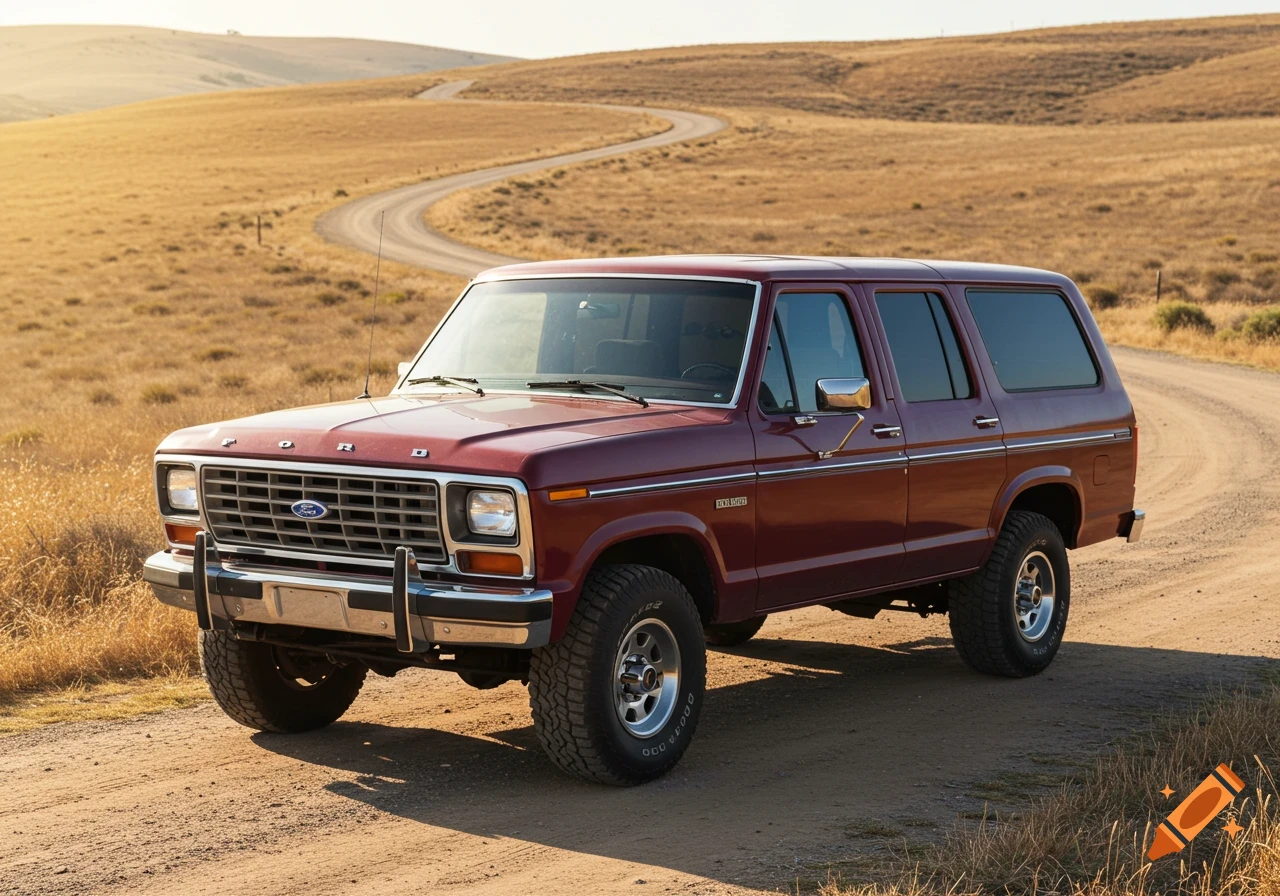 A vintage maroon SUV on a dirt road in a hilly, sunny landscape. on Craiyon