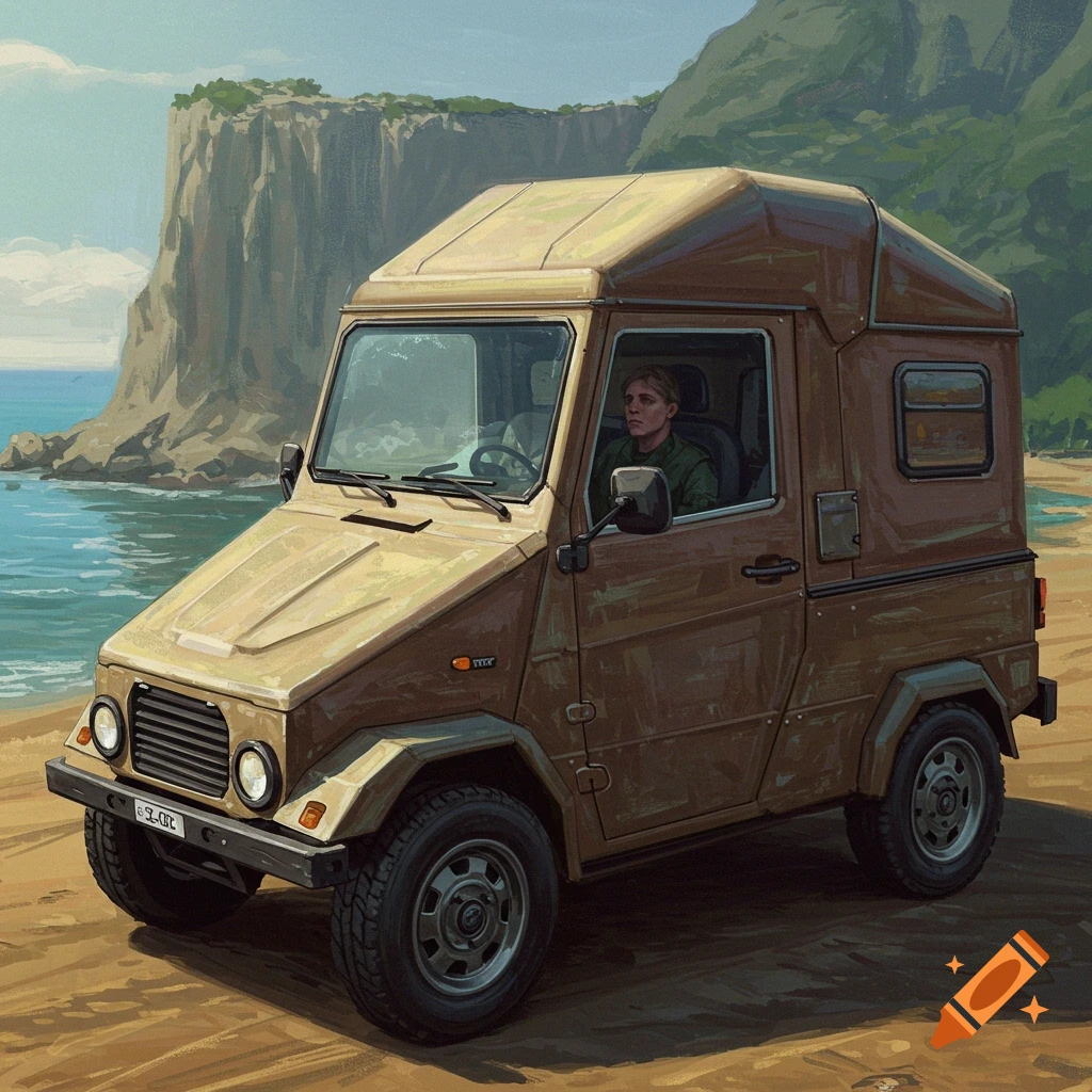 Stylized illustration of a person driving a boxy, tan vehicle on a ...