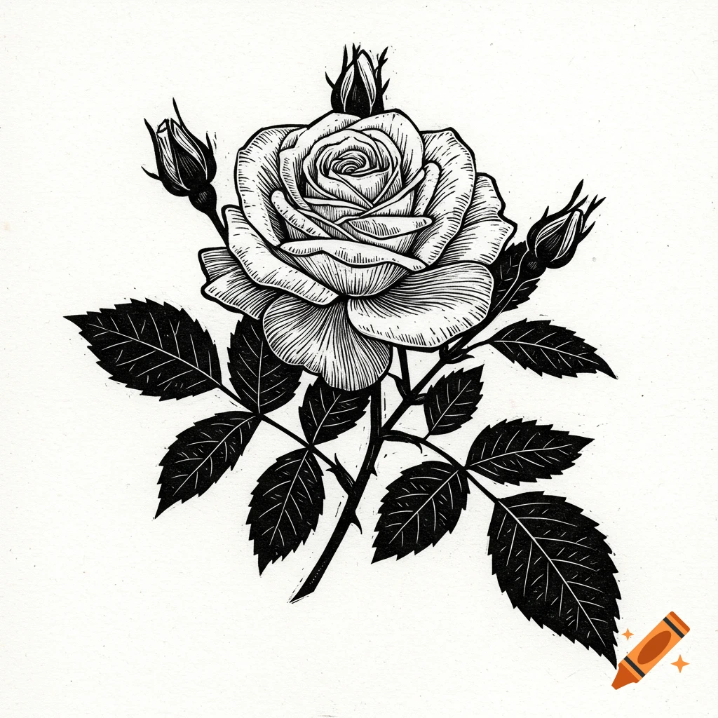 Black and white linocut style drawing of a rose with buds and leaves on ...