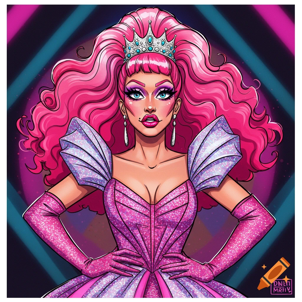 Stylized illustration of a person with pink hair and a green dress smiling, with colorful ...