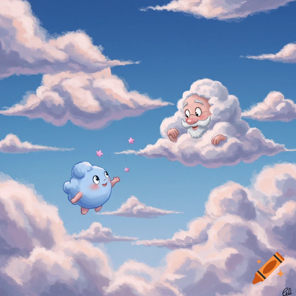 Cartoon cloud Fluff talking to Nimbus, a wise cloud on Craiyon