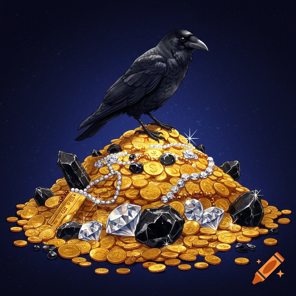Crow perched on gold, diamonds, and obsidian on Craiyon