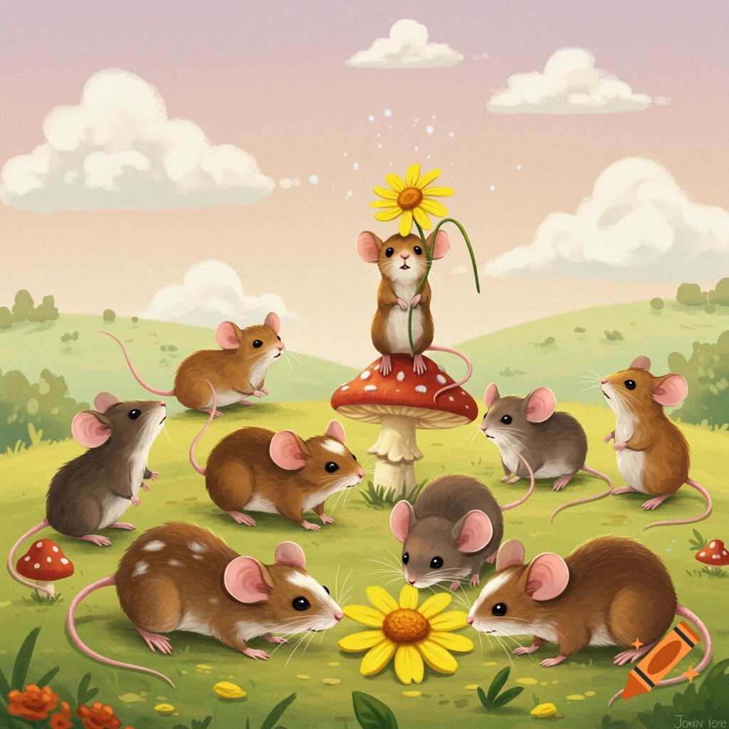 Sad mouse crying in a grassy field with colorful flowers, illustrated ...