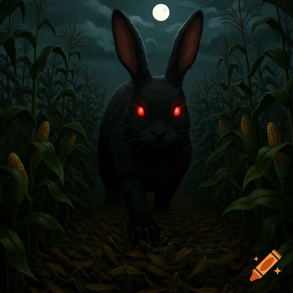 Giant shadowy rabbit with glowing eyes in a cornfield on Craiyon