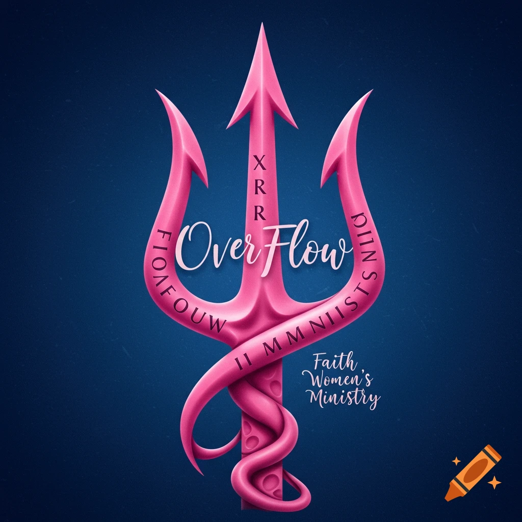 Pink curved trident with OverFlow Faith Women's Ministry text on Craiyon