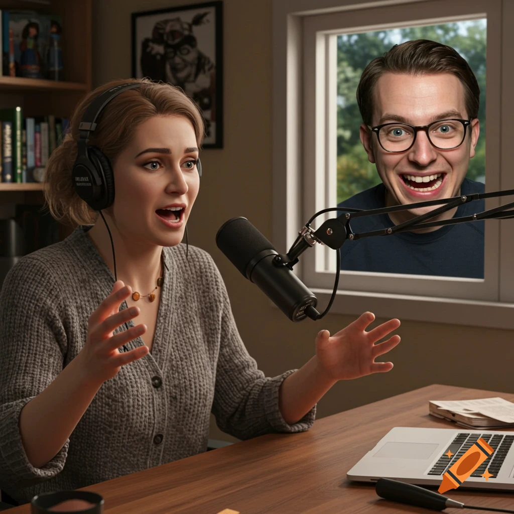 Woman recording podcast with sinister man outside window on Craiyon