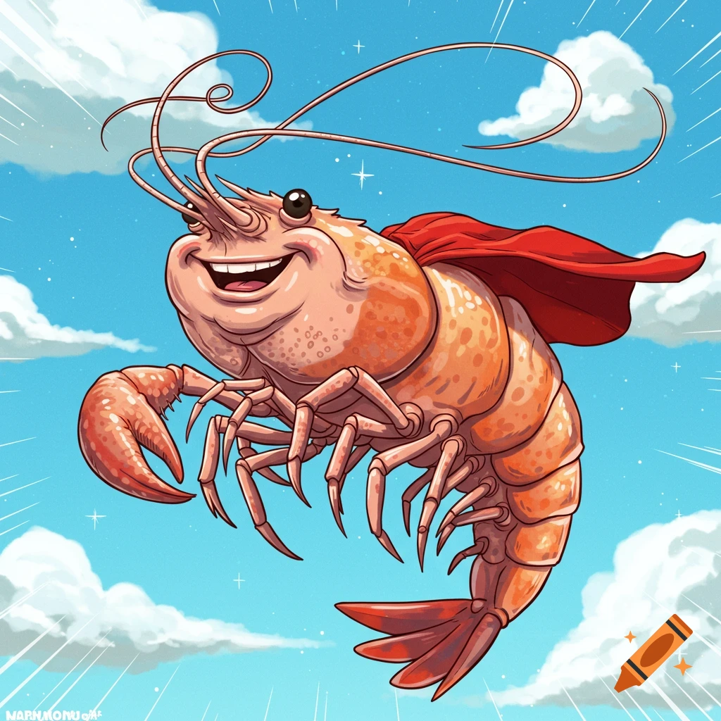 Cartoon shrimp superhero flying in cloudy sky on Craiyon