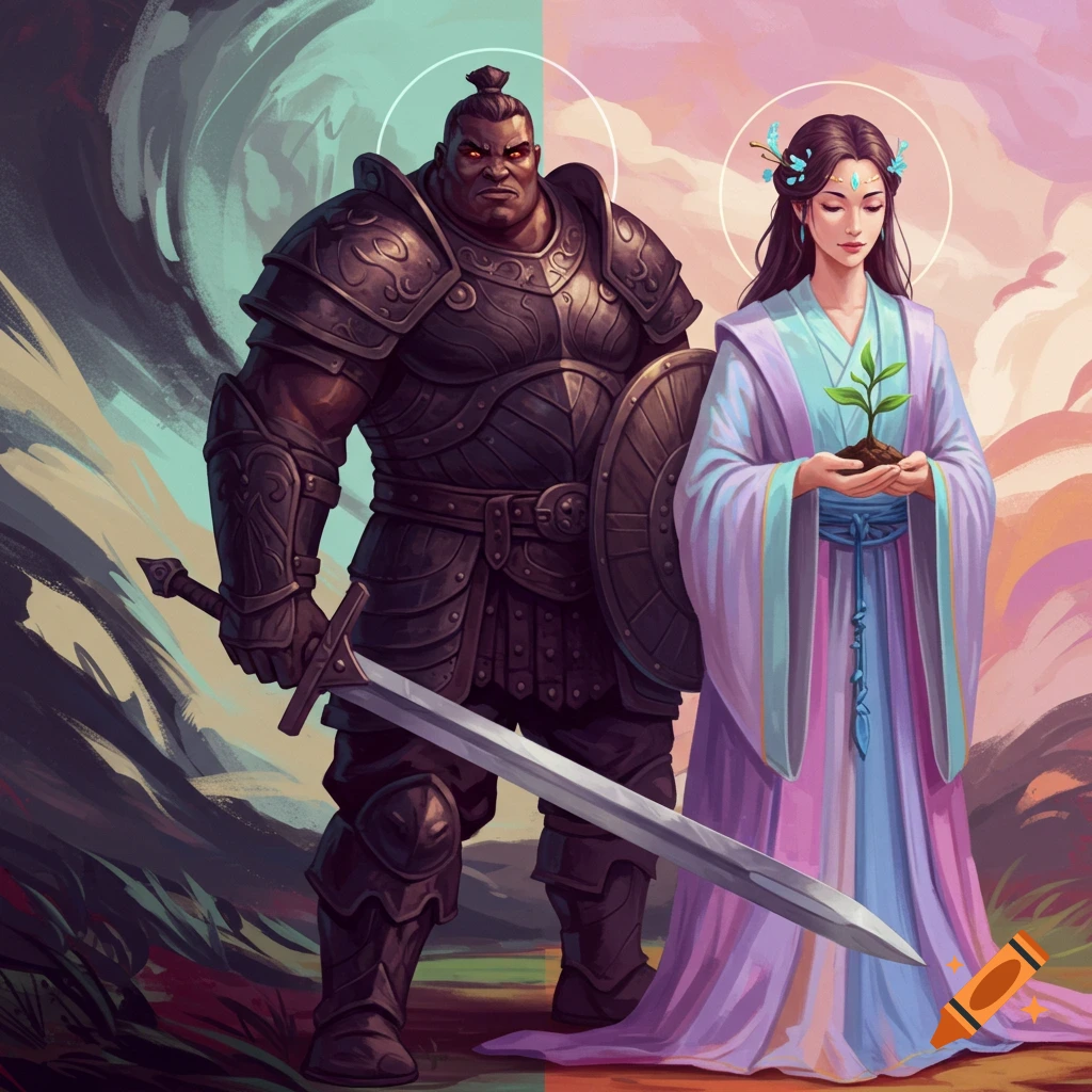 A heavily armored warrior and a robed figure holding a plant stand ...