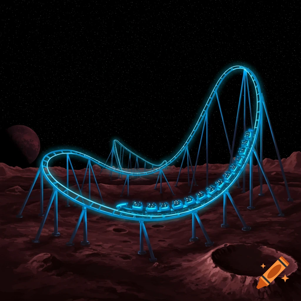 Digital painting of a mine train roller coaster going around a large ...