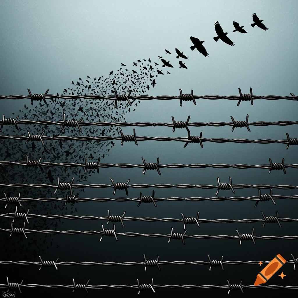 Barbed wire transforming into birds flying to freedom art on Craiyon
