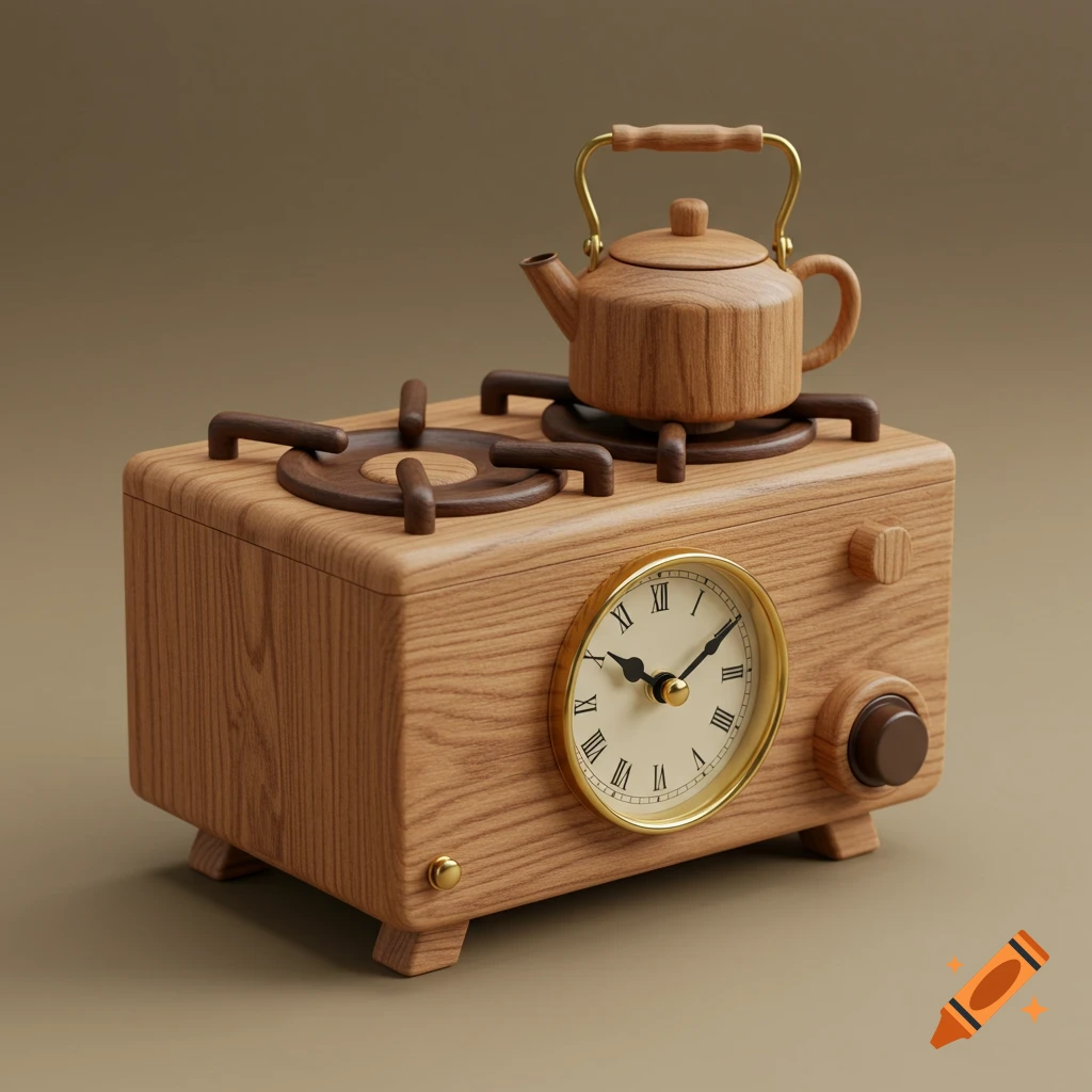 Wooden alarm clock shaped like camping stove with tea kettle on Craiyon