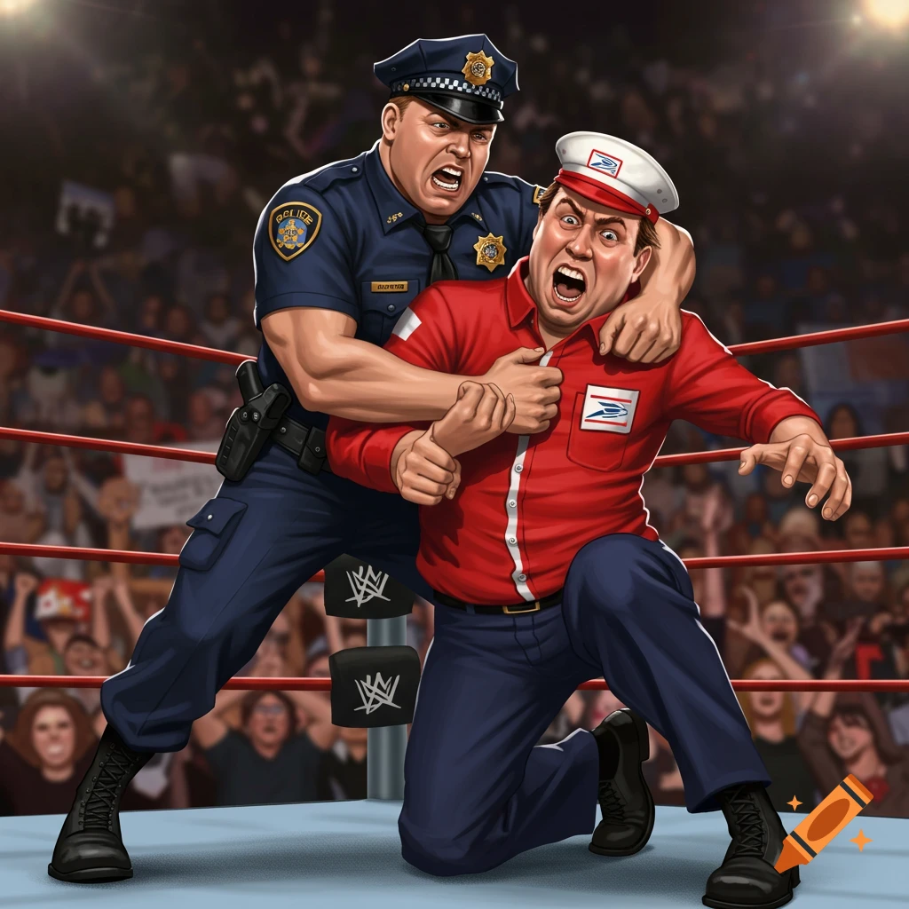 Illustrated police officer wrestling postman in wrestling ring on Craiyon
