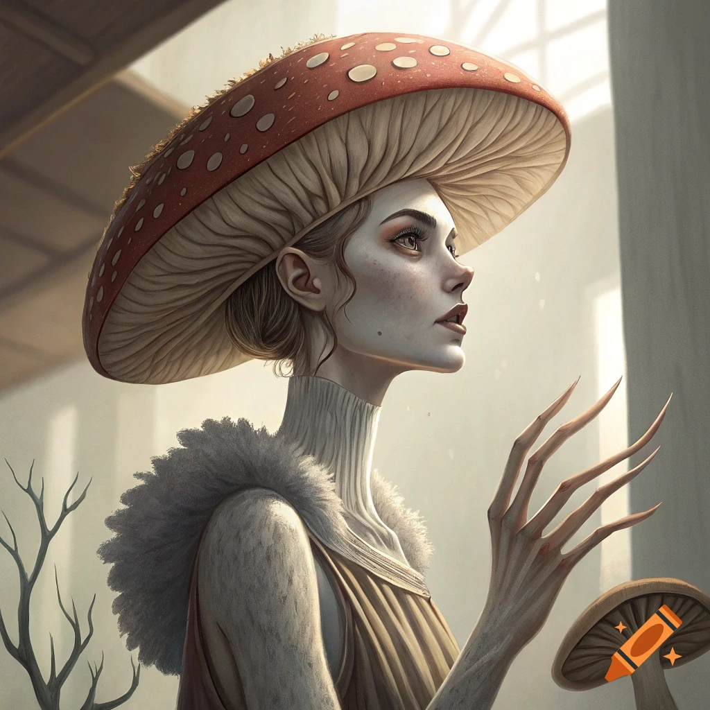 Mushroom-headed woman with long fingers and eyes in her hands on Craiyon