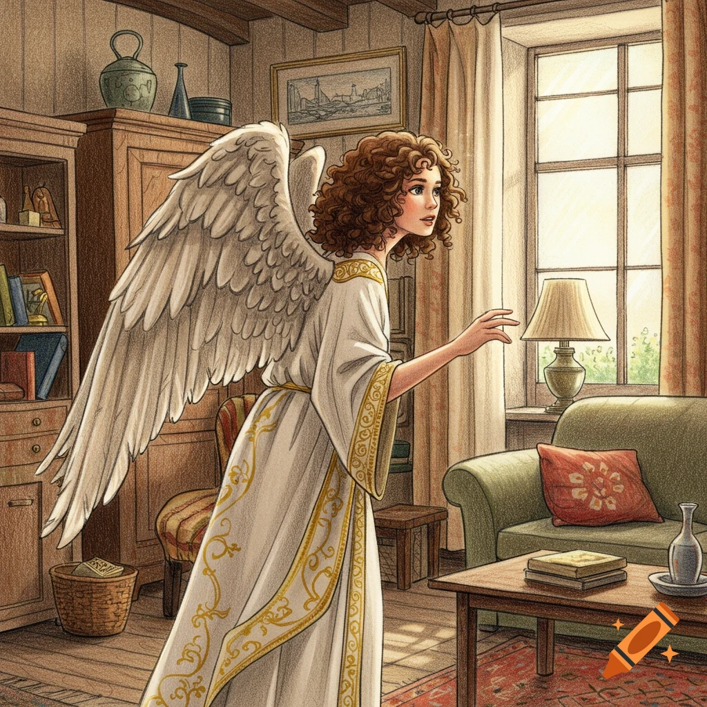 Ink drawing of an angel with large wings and a flowing robe, looking ...