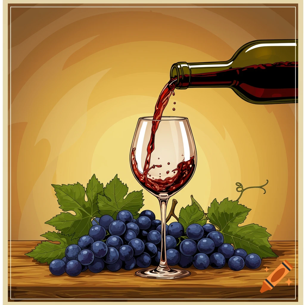 Marcello Dudovich style illustration of wine bottle pouring into glass ...