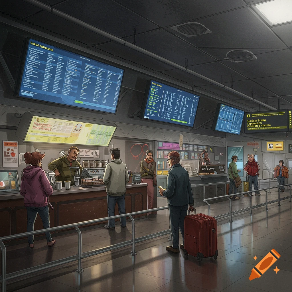 Futuristic airport with coffee stand and announcement screens, no ...