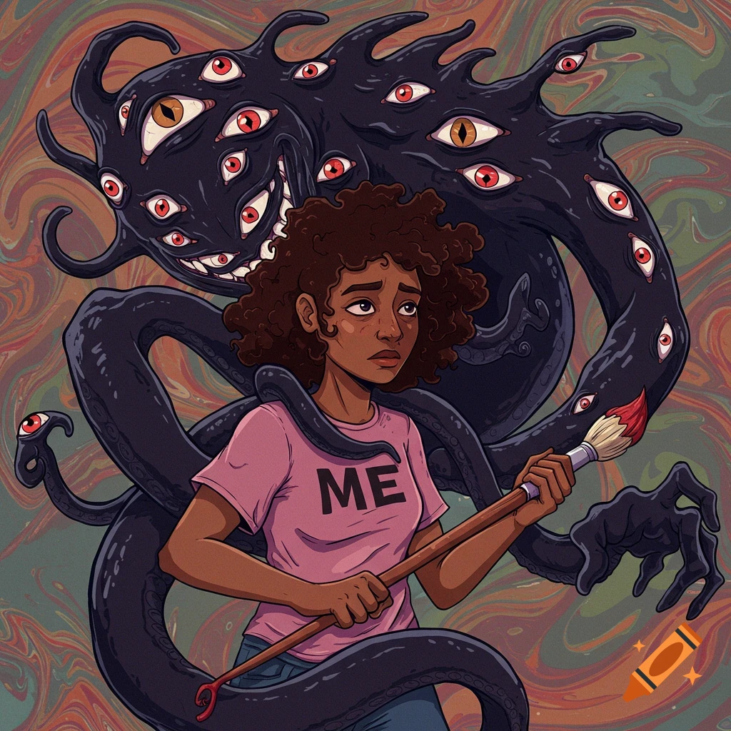 Hand-drawn art depicting procrastination as an artist's enemy on Craiyon