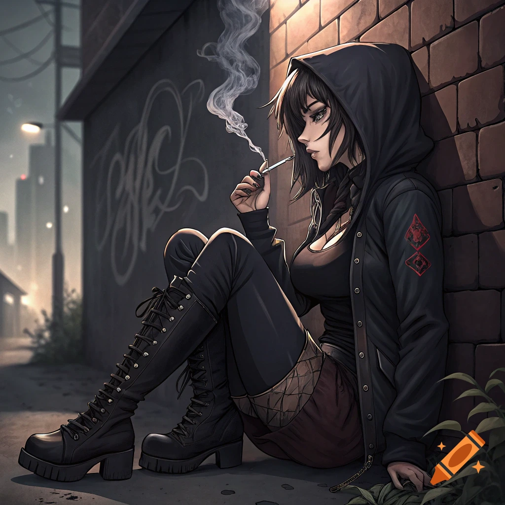 Beautiful anime goth woman with big boobs smoking a cigarette while ...
