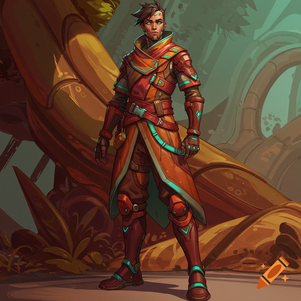 Illustration of a human in crimson and amber layered cloth and leather ...